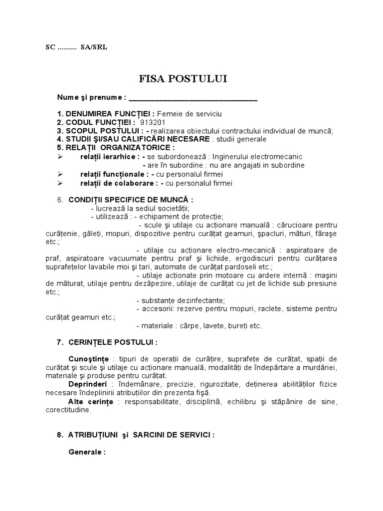 Fisa de Post Femeie de Serviciu Sau Menajera | PDF