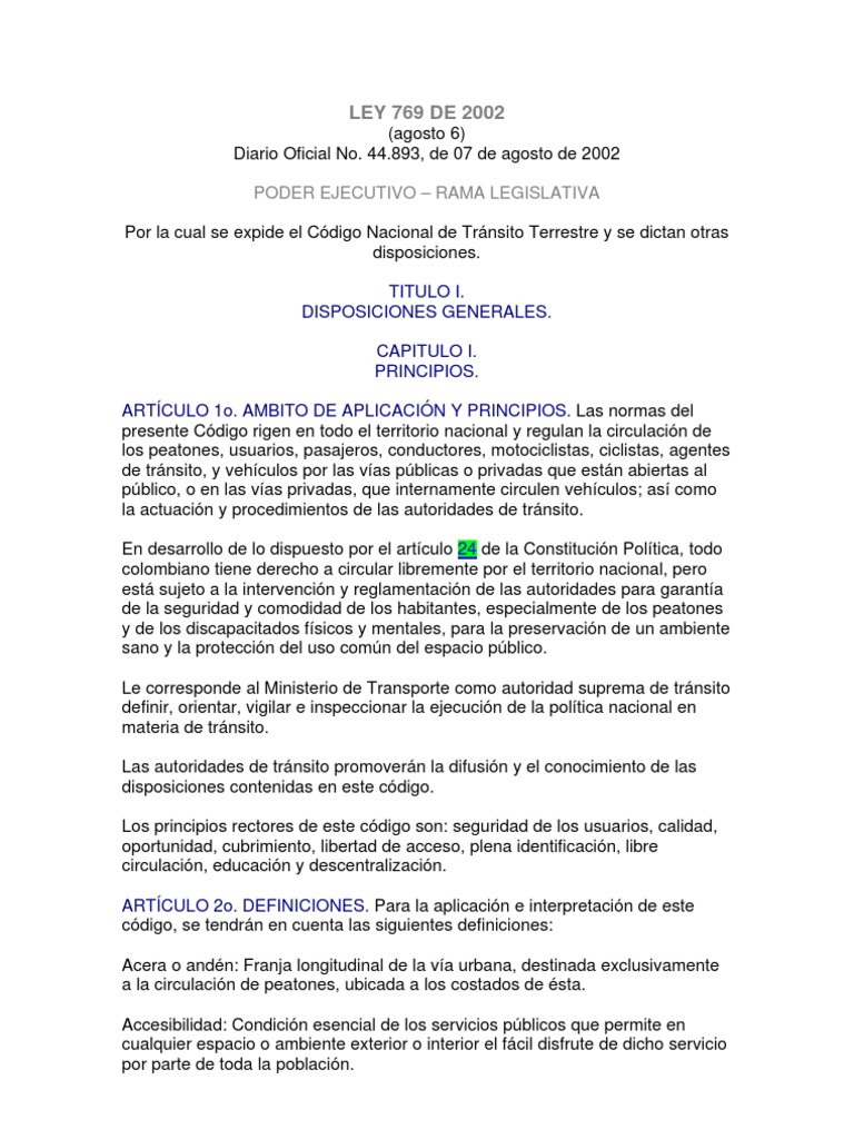 Ley 769 de 2002 Codigo Nacional de Transito | PDF | Licencia de ...