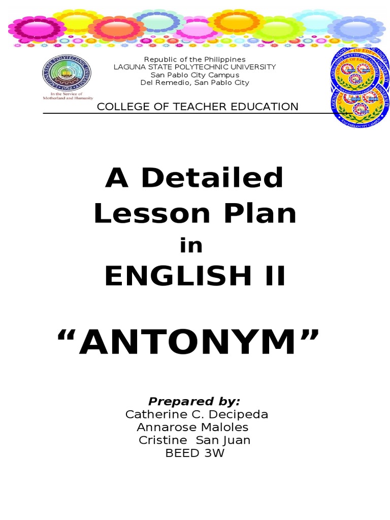 A Detailed Lesson Plan English Ii: "Antonym" | PDF | Lesson Plan ...