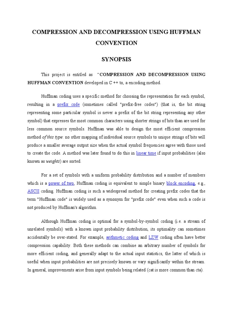 Compression and Decompression Using Huffman Convention Synopsis | PDF | Data Compression | Code
