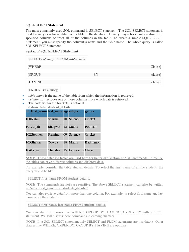 Syntax of SQL SELECT Statement | PDF | Sql | Table (Database)