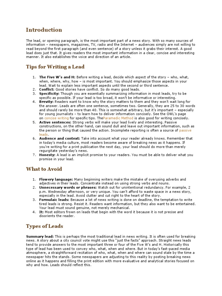 News Writing - Effective Leads | PDF | News | Newspapers