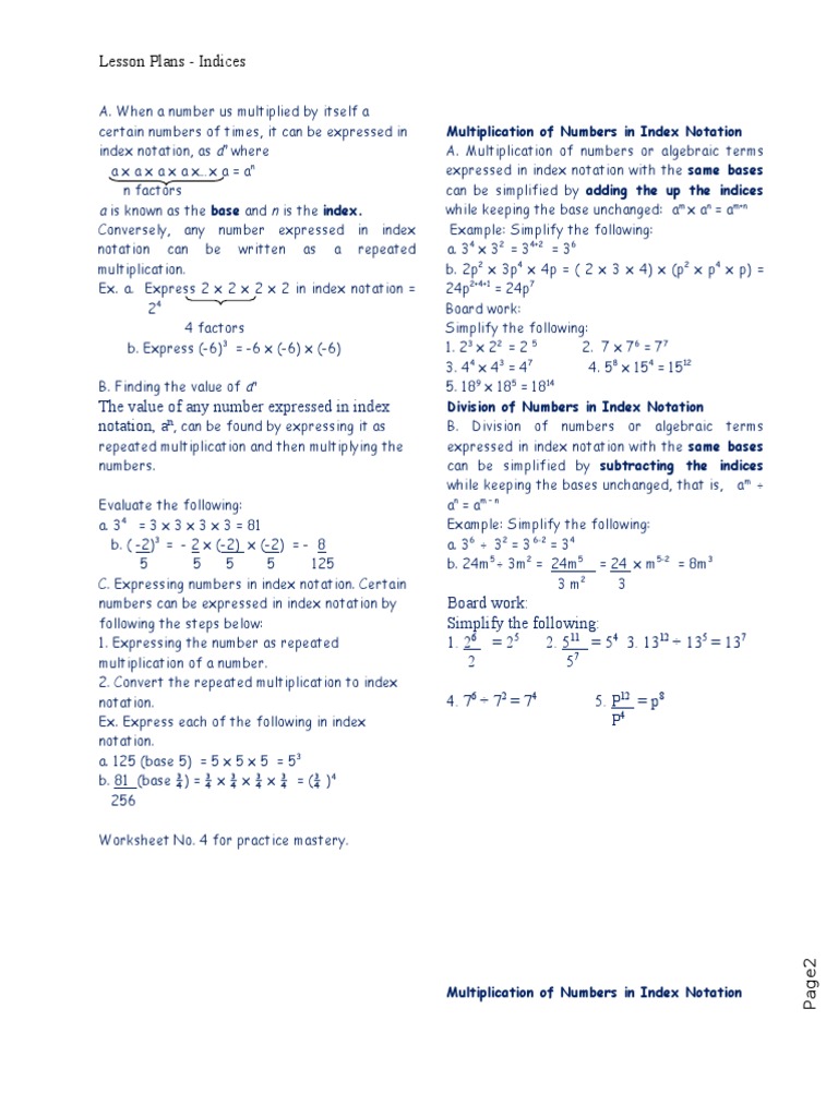 Lesson Plan - Indices | PDF | Multiplication | Exponentiation