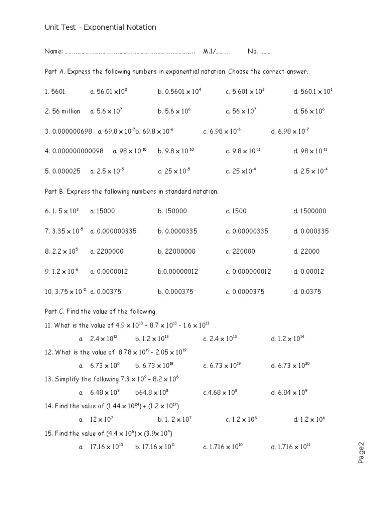 Unit Test - Exponential Notation | PDF | Mathematical Problem Solving ...