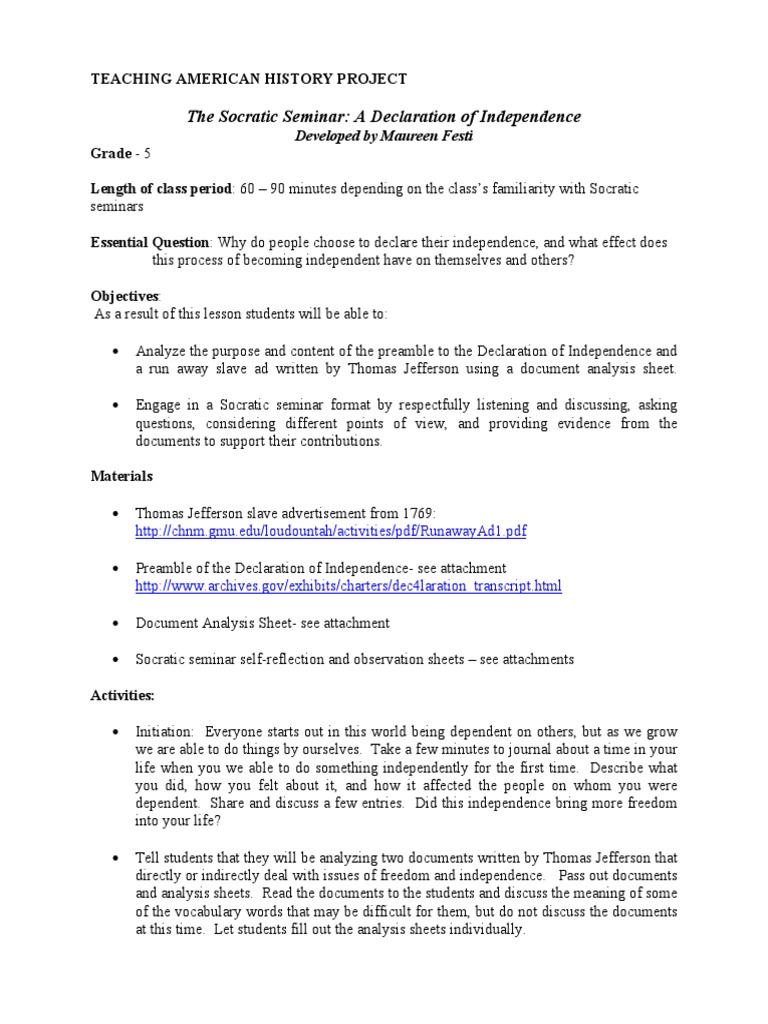 The Socratic Seminar: A Declaration of Independence: Developed by ...