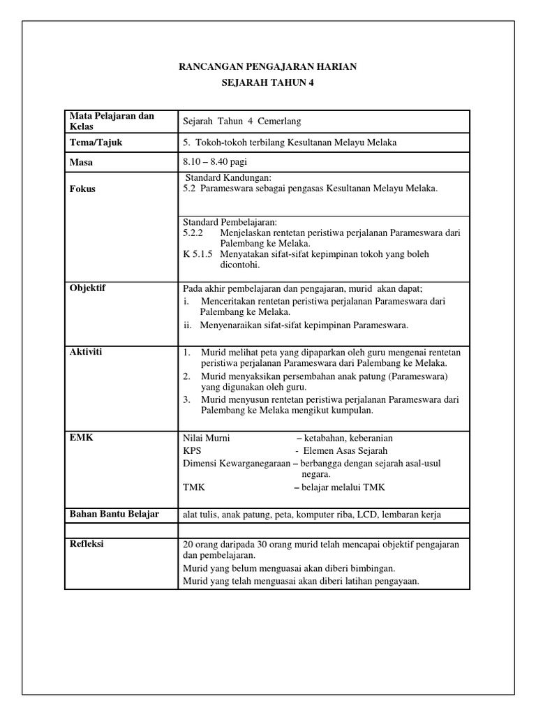 Contoh Rph Sejarah Tahun 4 2018 - LewisatTaylor