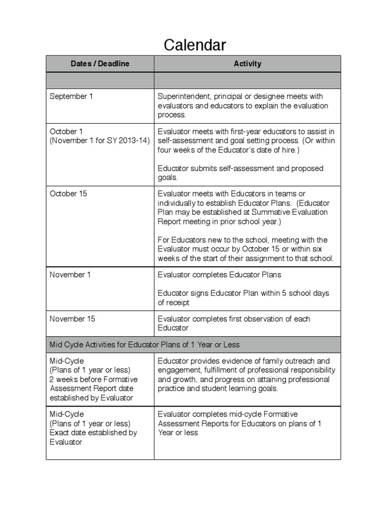 Educator Evaluation Calendar | PDF | Educational Assessment | Quality ...