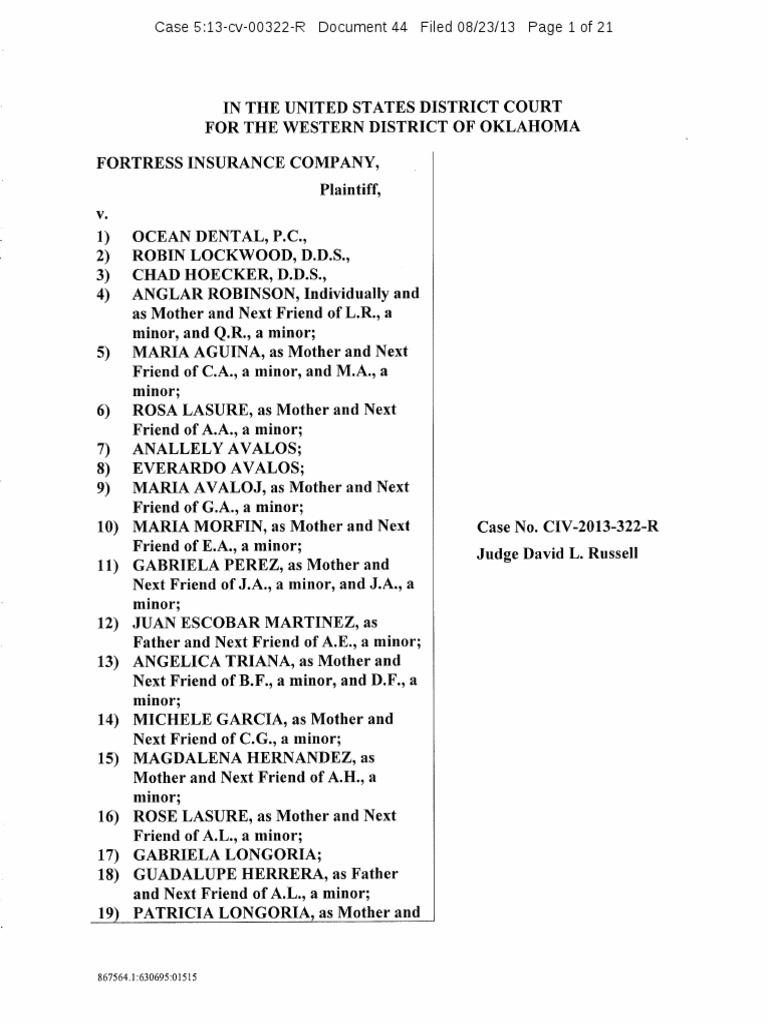 44-Main - Fortress Ins. v. Ocean Dental, Chad Hoecker, Robin Lockwood ...