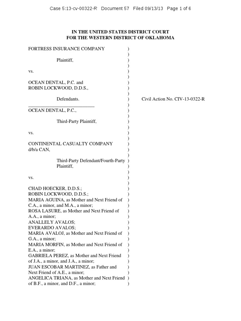 Fortress Ins. v. Ocean Dental, Chad Hoecker, Robin Lockwood Answer To ...