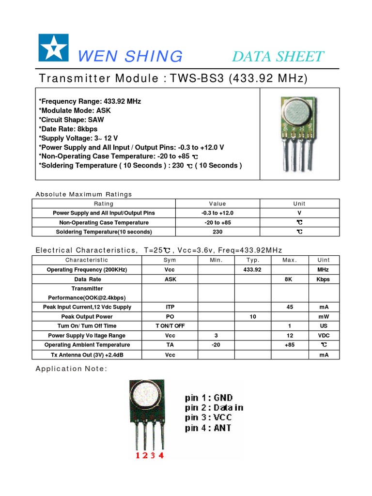 TWS-BS3 Transmitter Module Specs | PDF | Science & Mathematics | Computers