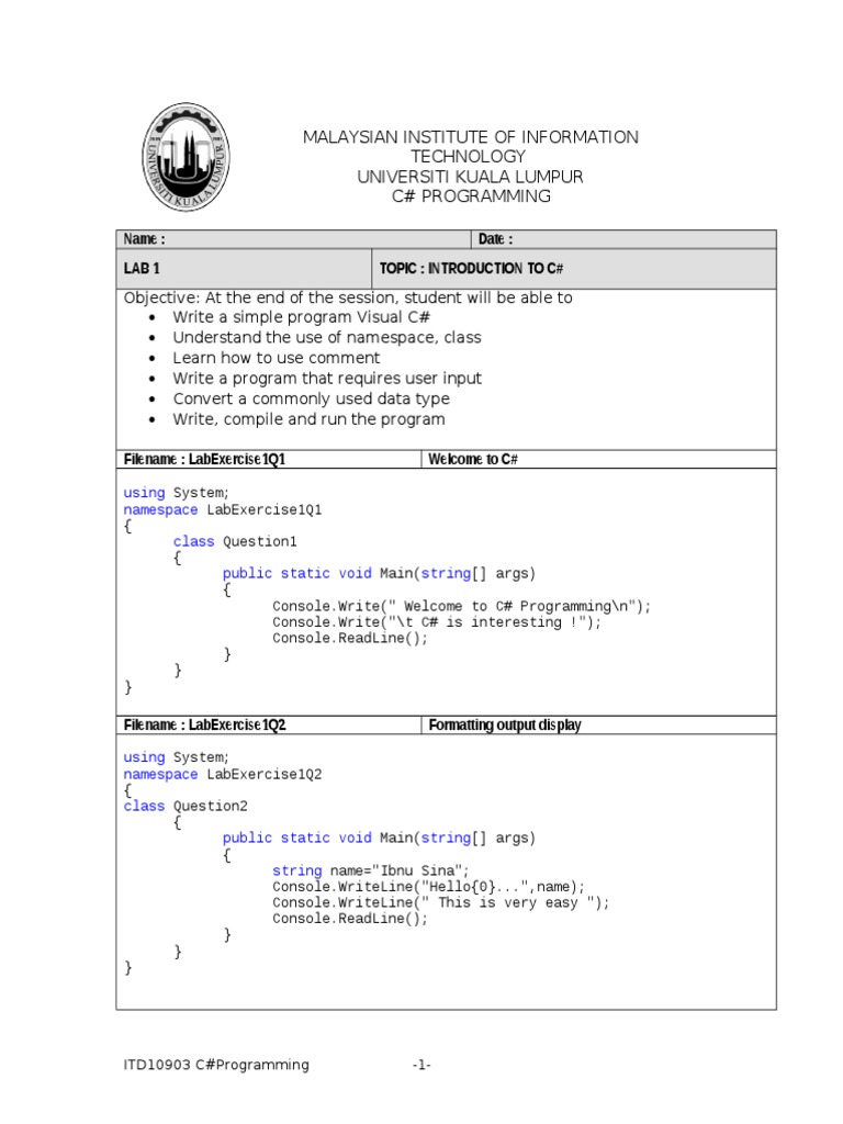 Lab 1 1 New Pdf C Sharp Programming Language Command Line Interface 