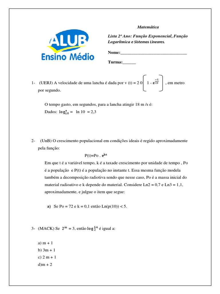 Lista De Exercícios De Matemática Com Funções Exponenciais E
