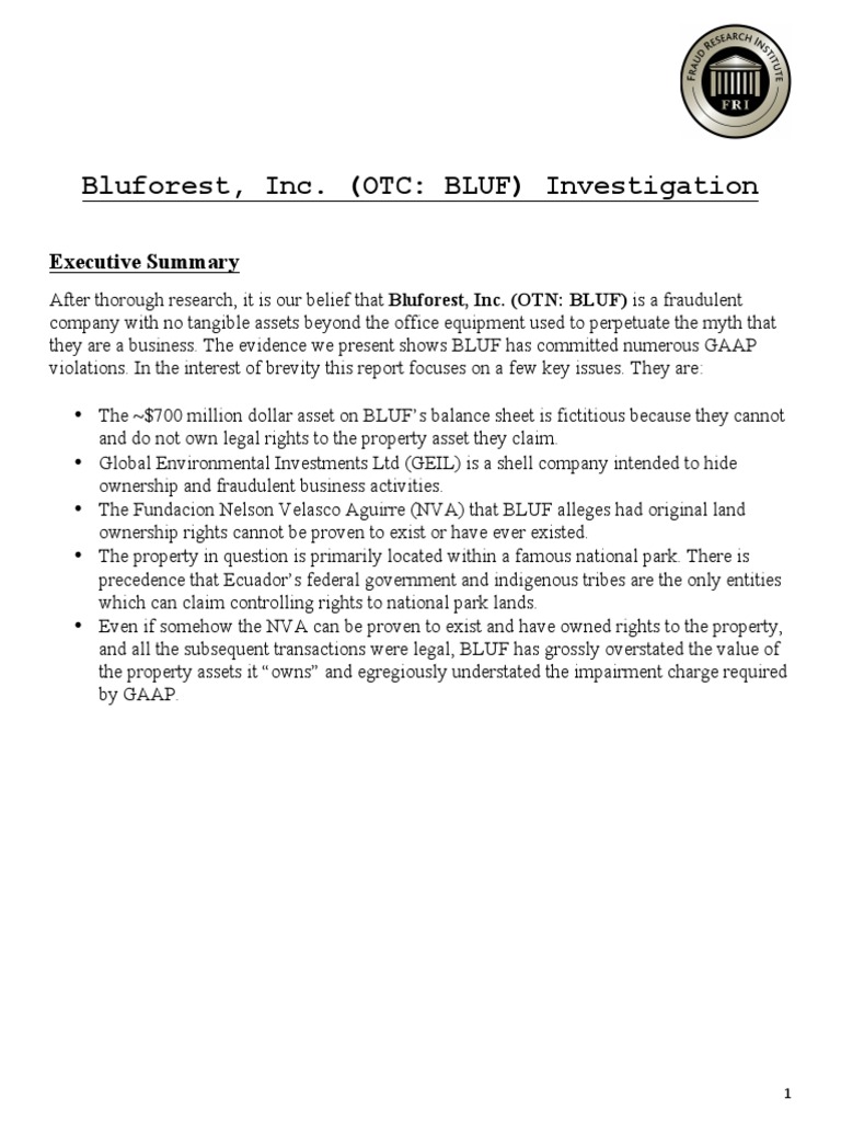 Bluforest, Inc. (OTC: BLUF) Investigation | PDF | Fair Value | Book Value