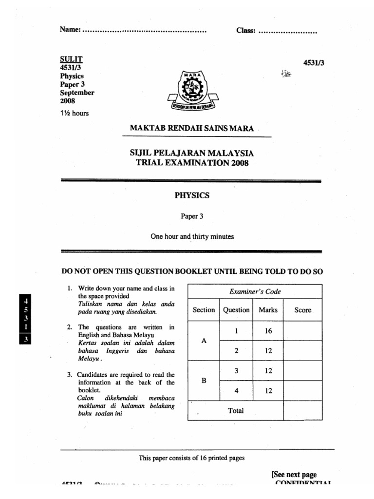 Peperiksaan Percubaan Fizik Kertas 3 2008 Mrsm Pdf