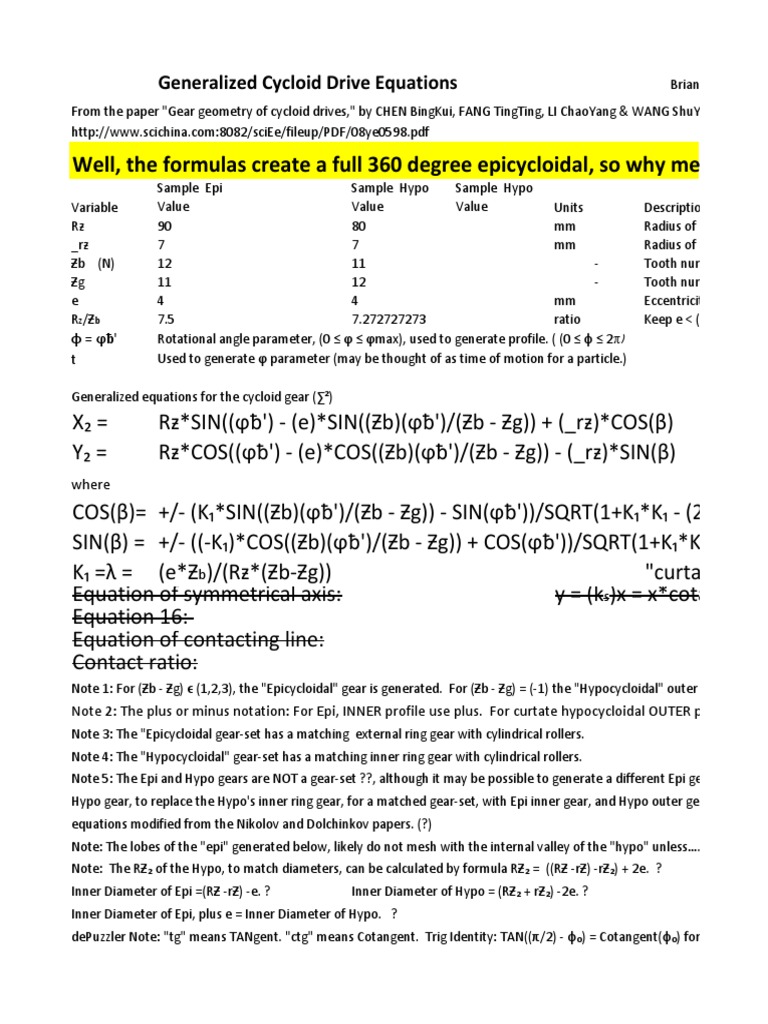 Generalized Cycloid Drive Equations | PDF | Gear | Trigonometric Functions