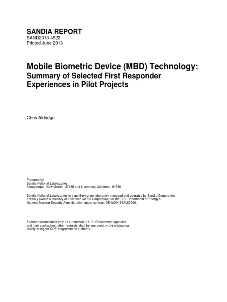 Sandia Report On Mobile Biometric Device (MBD) Technology Used in First ...
