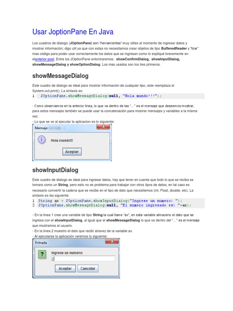 Uso de JOptionPane en Java | PDF | Java (lenguaje de programación ...