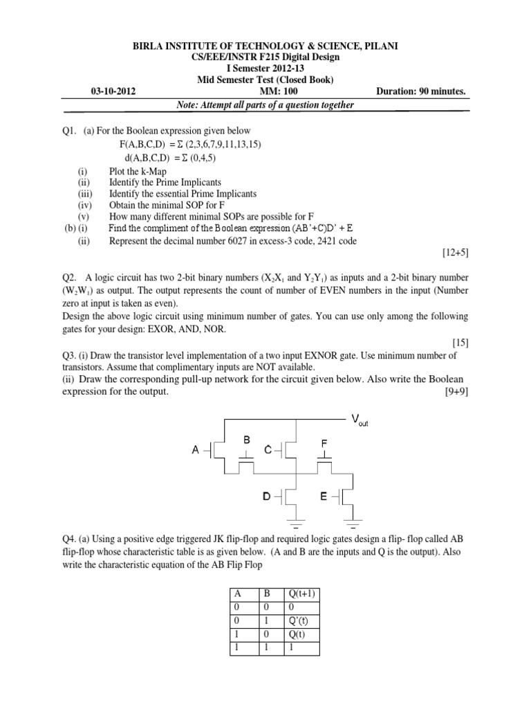 Digital Design Mid-Sem Question Paper | PDF | Boolean Algebra | Teaching Mathematics