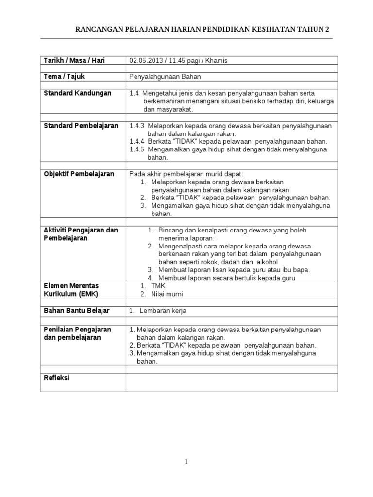Contoh Rph Pendidikan Kesihatan Tahun 1 - TamaraatHuff