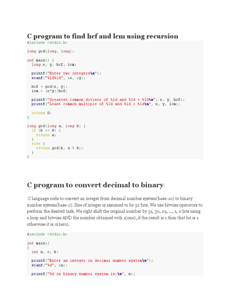 C Program To Find Hcf And Lcm Using Recursion Pdf Mathematical Notation Computer Programming