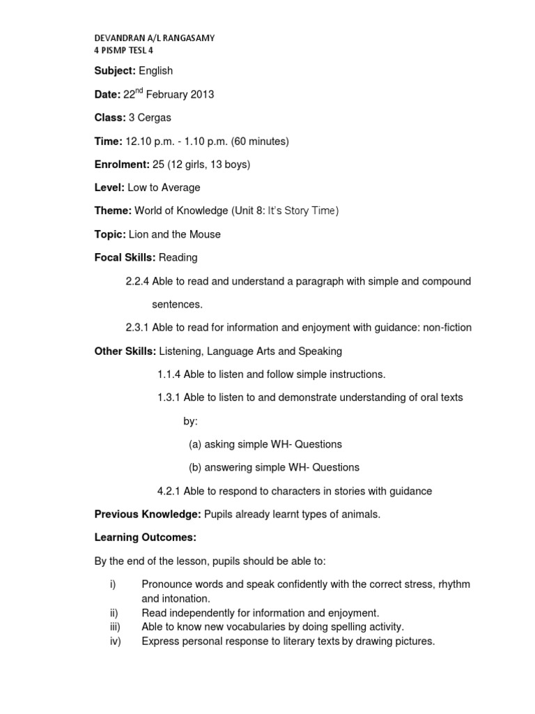 Lion and Mouse Lesson Plan Overview | PDF | Lesson Plan | Question