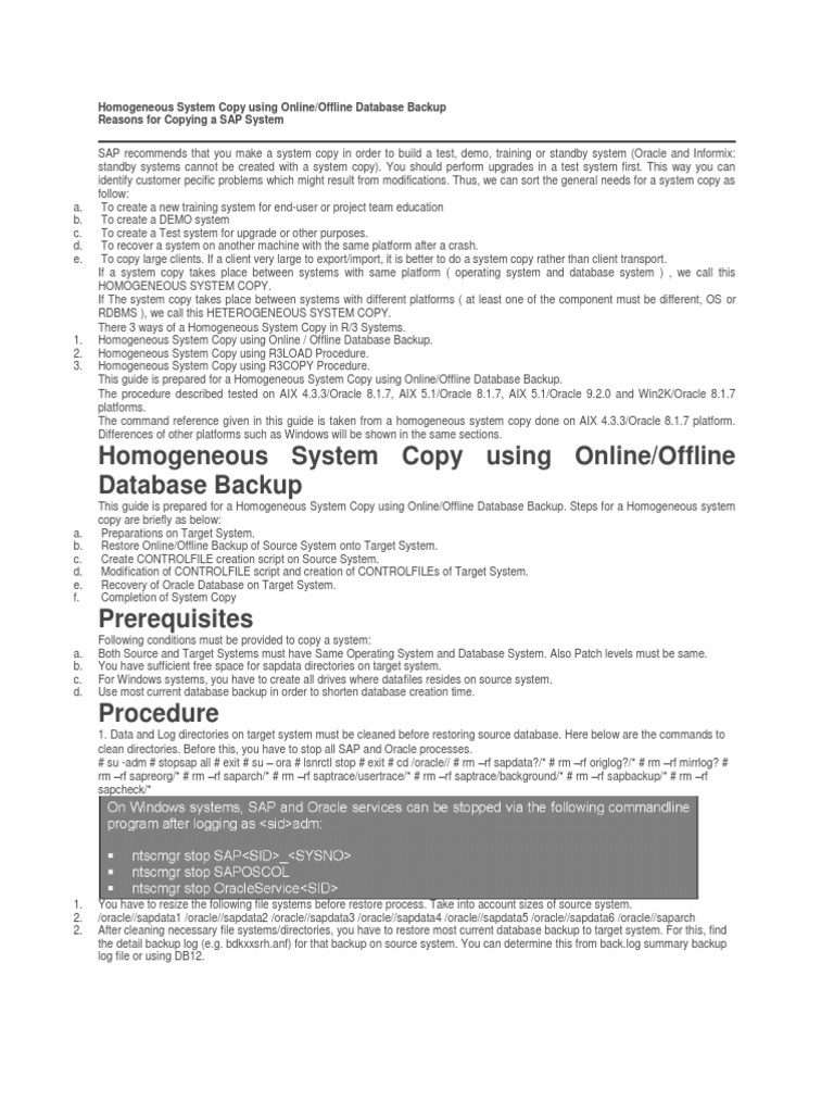 Homogeneous System Copy Using Online | PDF | Oracle Database | Backup