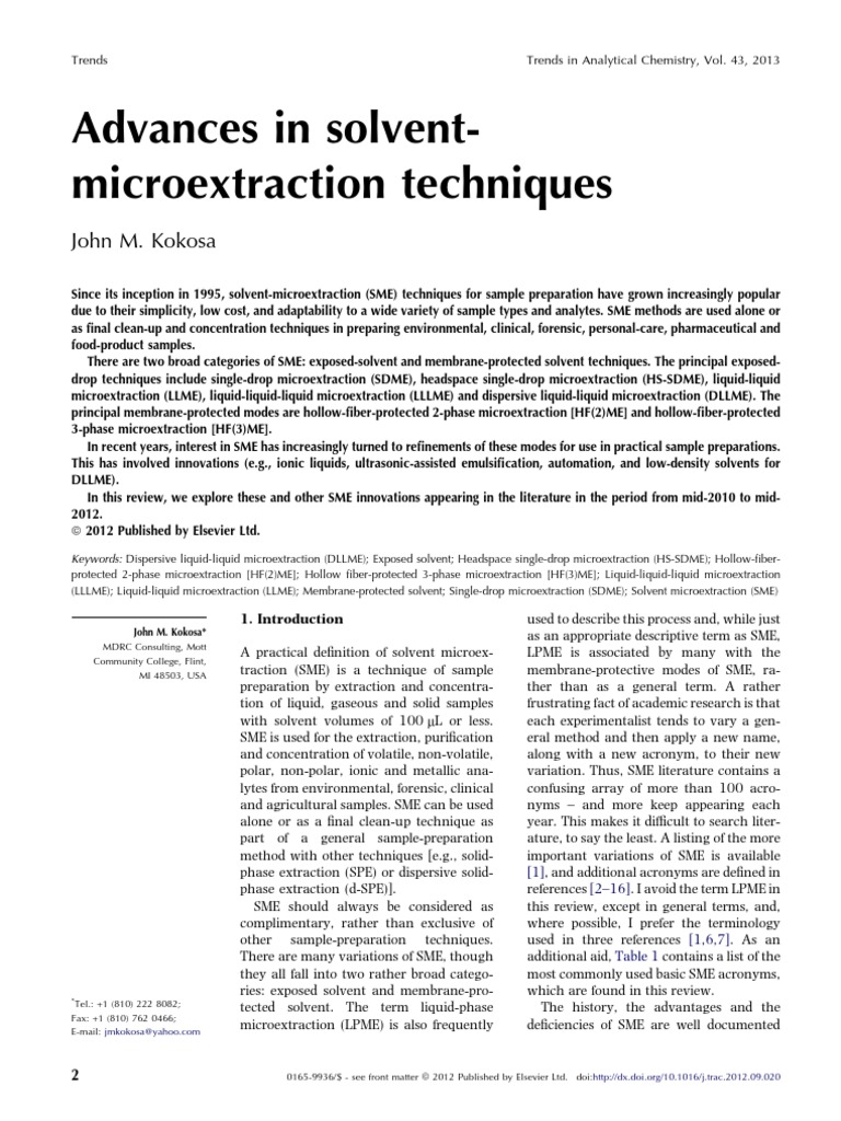 Advances in Solvent Microextraction Techniques 2013 TrAC Trends in Analytical Chemistry 1 | PDF ...