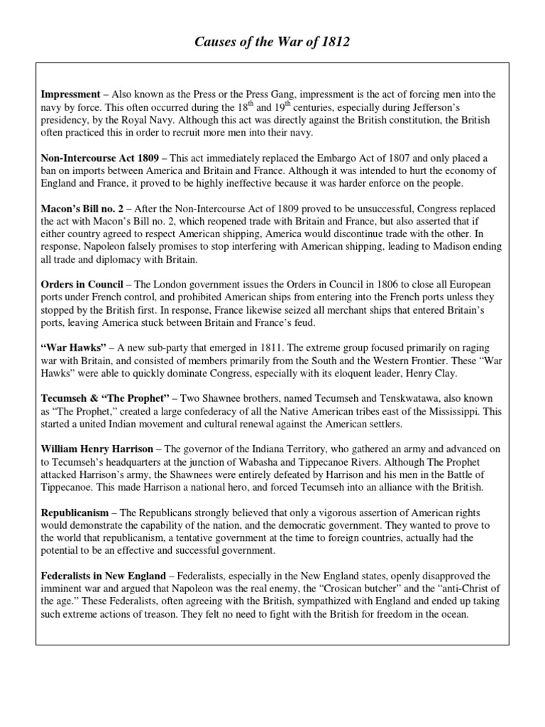 Causes of The War of 1812 Chart | PDF | Tecumseh | Warfare Of The ...