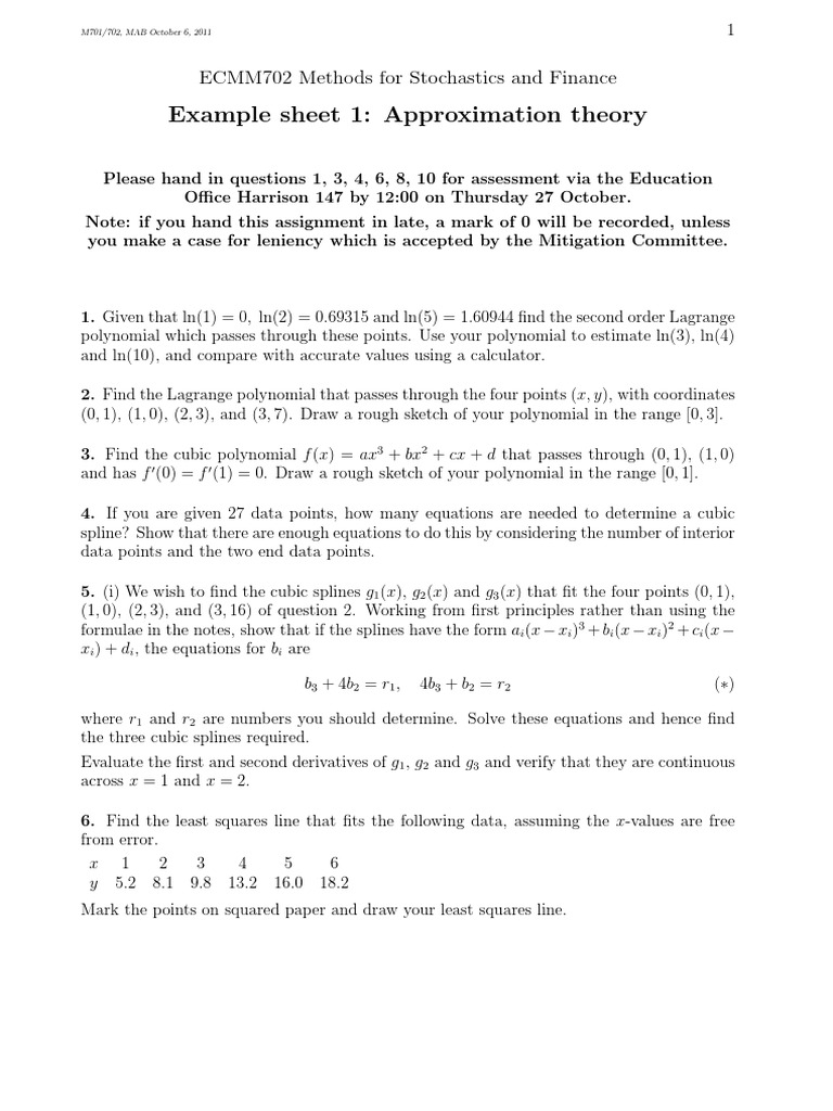 Example Sheet 1 Approximation Theory | PDF | Polynomial | Spline ...