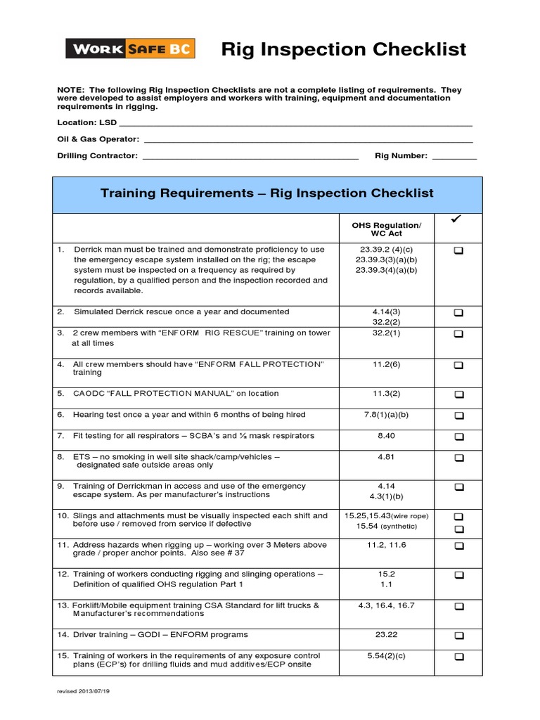 Oil Based Rig Inspection Checklist | Download Free PDF | Drilling Rig ...