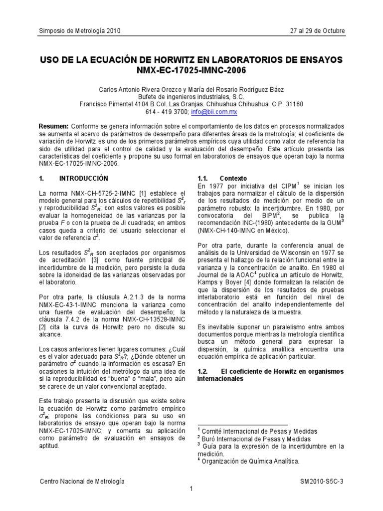 Uso de la ecuación de Horwitz en laboratorios de ensayos | PDF ...