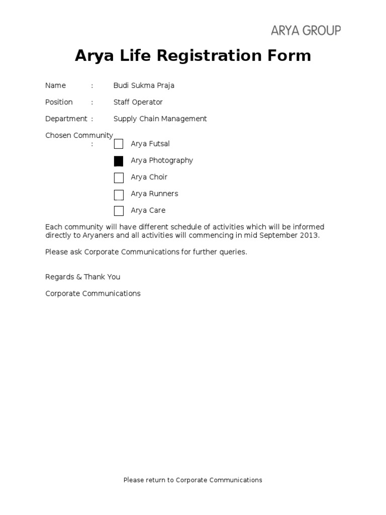 Arya Life Registration Form: Please Return To Corporate Communications ...