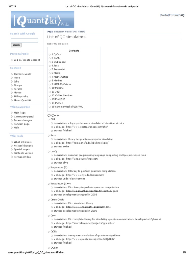 List of QC Simulators - Quantiki - Quantum Information Wiki and Portal | PDF | Quantum Computing ...