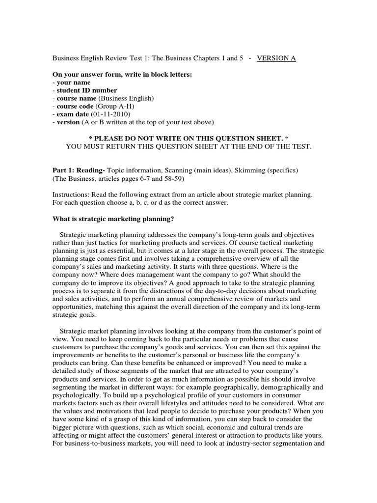 2010 Business English Review Test Q1 | PDF | Marketing Strategy ...