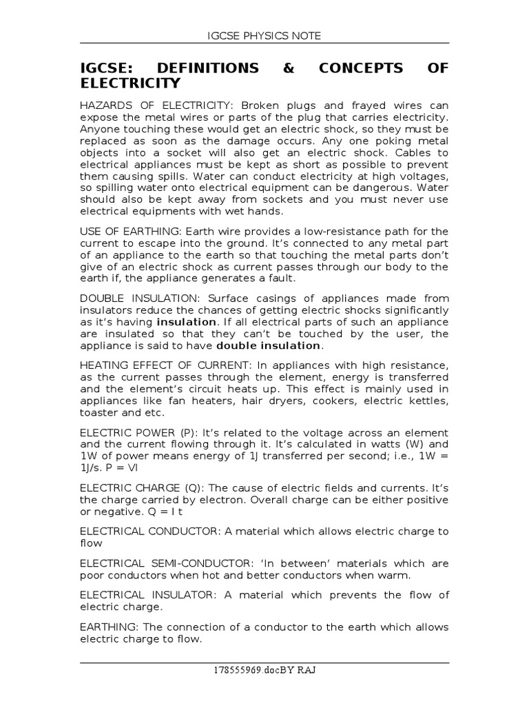 Igcse: Definitions & Concepts of Electricity | PDF | Electric Current | Voltage