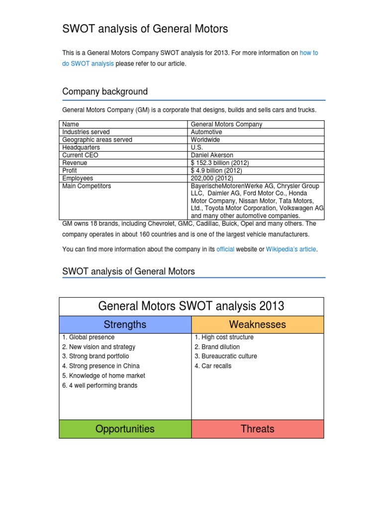 General Motors Swot Analysis | PDF | General Motors | Hybrid Vehicle