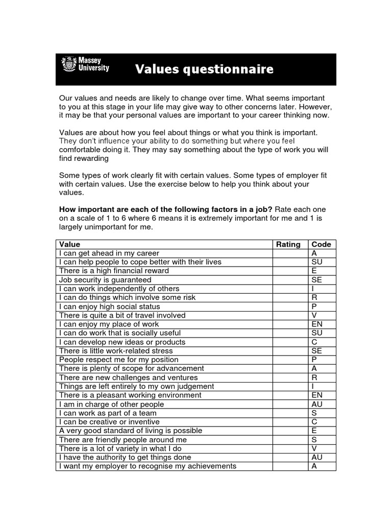 Values Questionnaire | PDF | Risk | Cognition