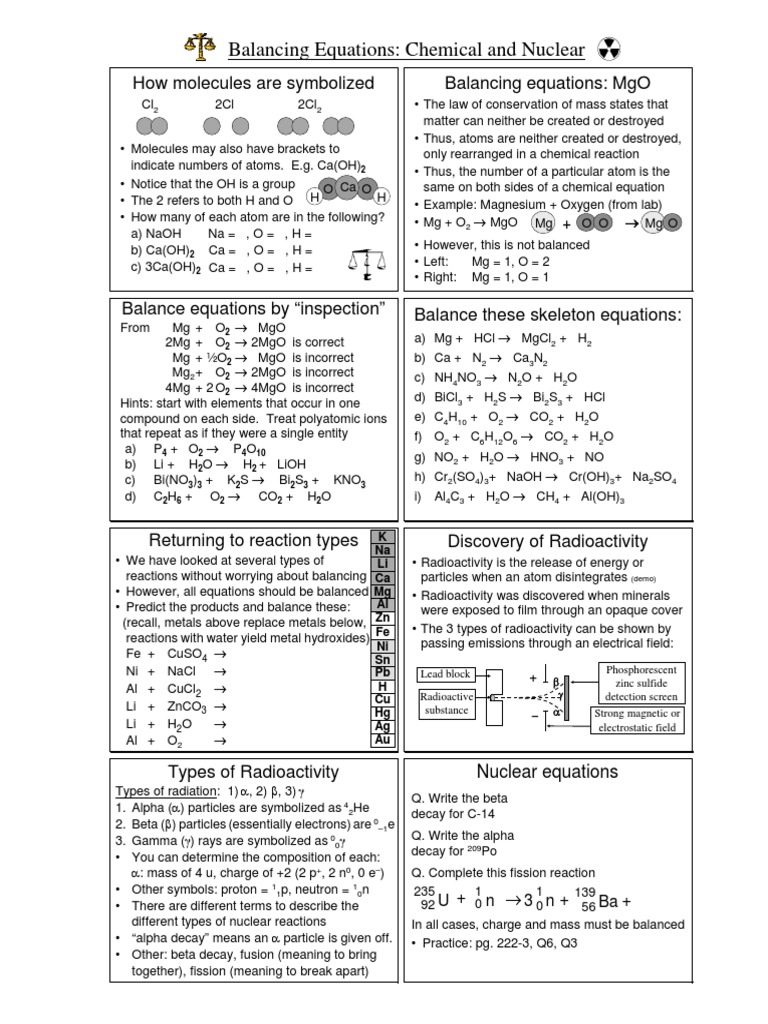 Balancing Equations Handout | PDF | Radioactive Decay | Nuclear Physics
