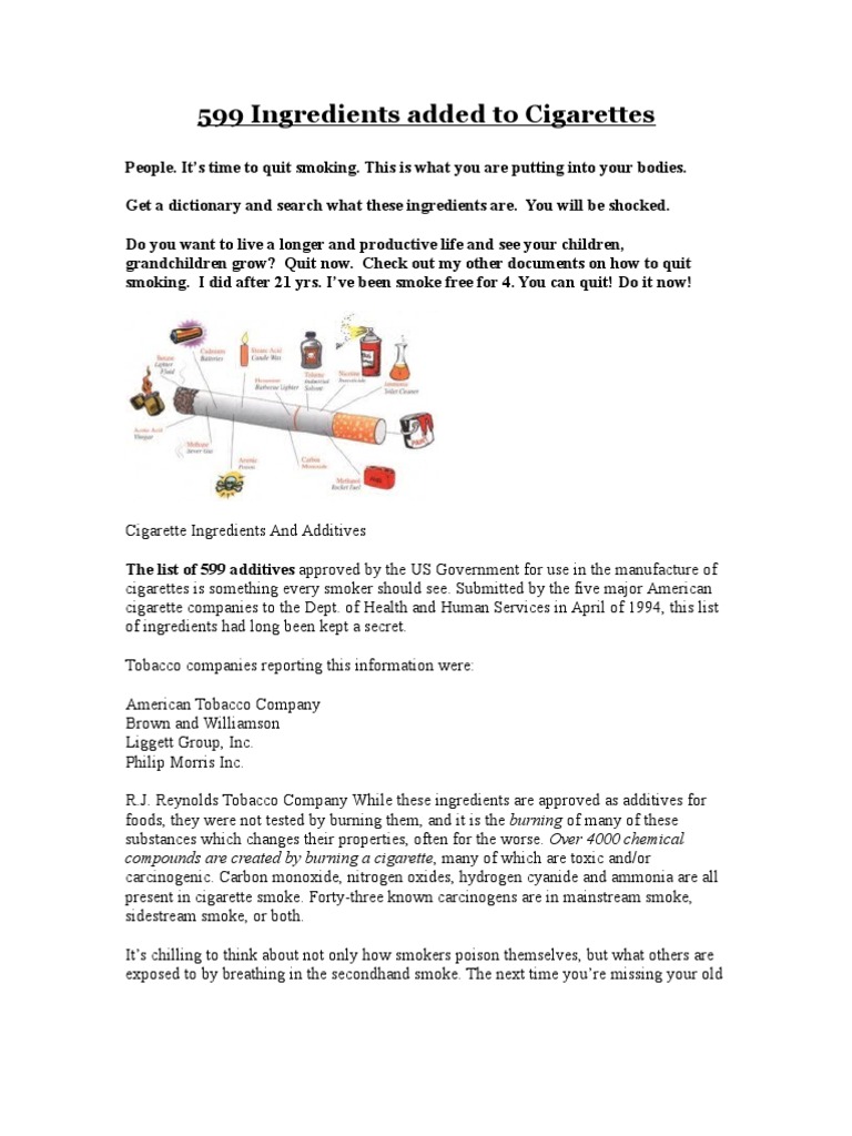 599 Ingredients Added To Cigarettes | PDF | Cigarette | Tobacco Industry
