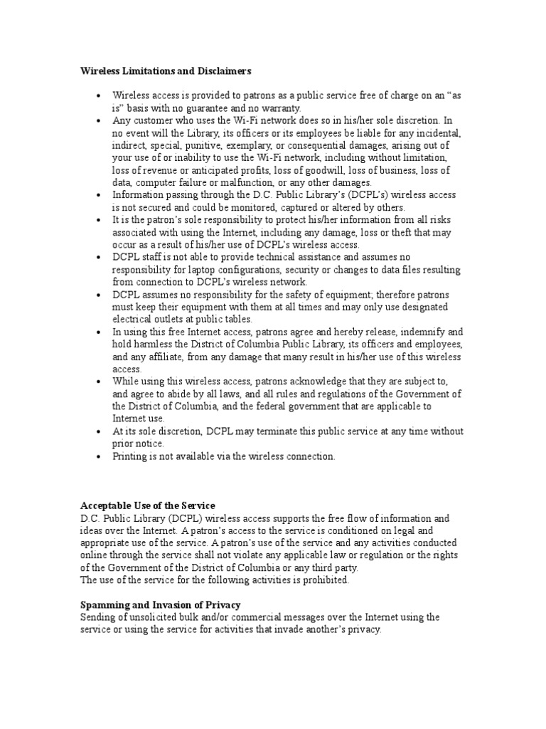 D.C. Public Library's Wireless Limitations and Disclaimers | PDF | Wi ...