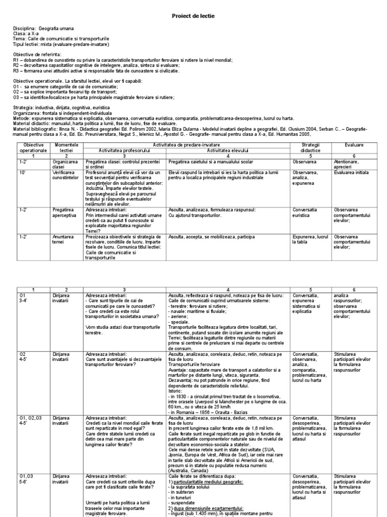 Proiect Lectie Geografie - 10-Caile de Comunicatie Si Transporturile | PDF