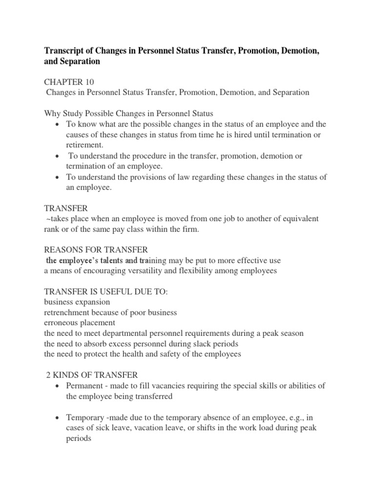 Employee Status Changes: Transfers, Promotions, Demotions | PDF ...