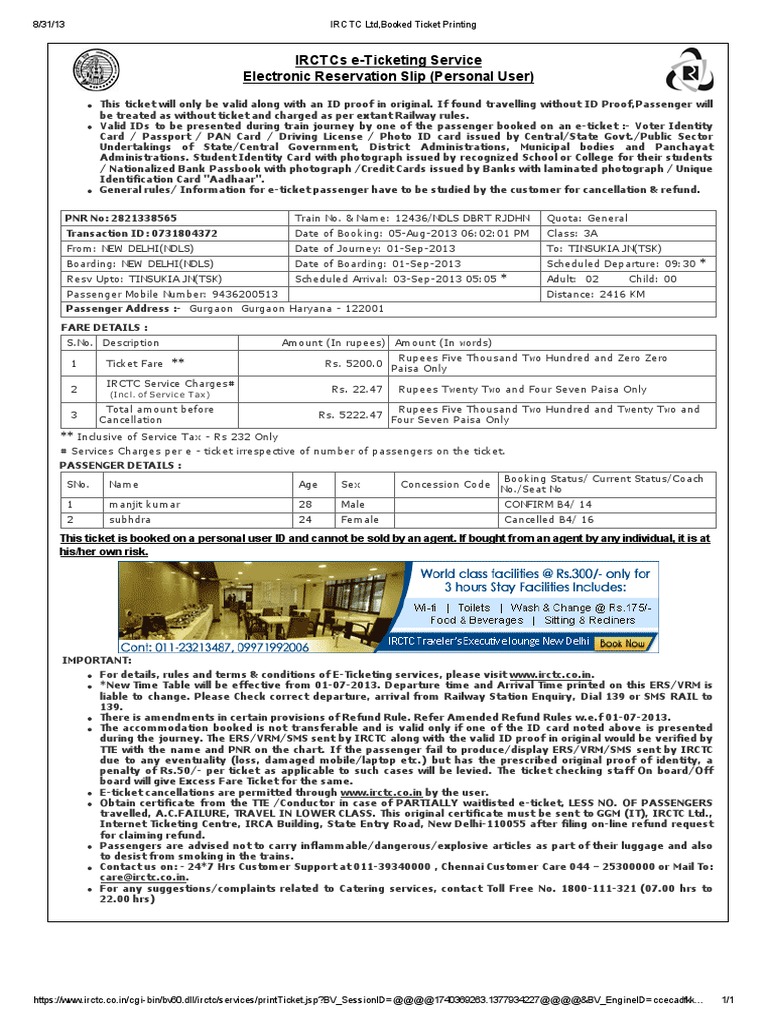 IRCTC E-Ticket Printing Instructions | PDF | Identity Document | Ticket ...