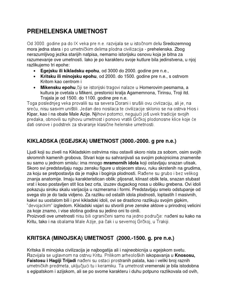 Anticka Umetnost - Prehelenska (Egejska) | PDF