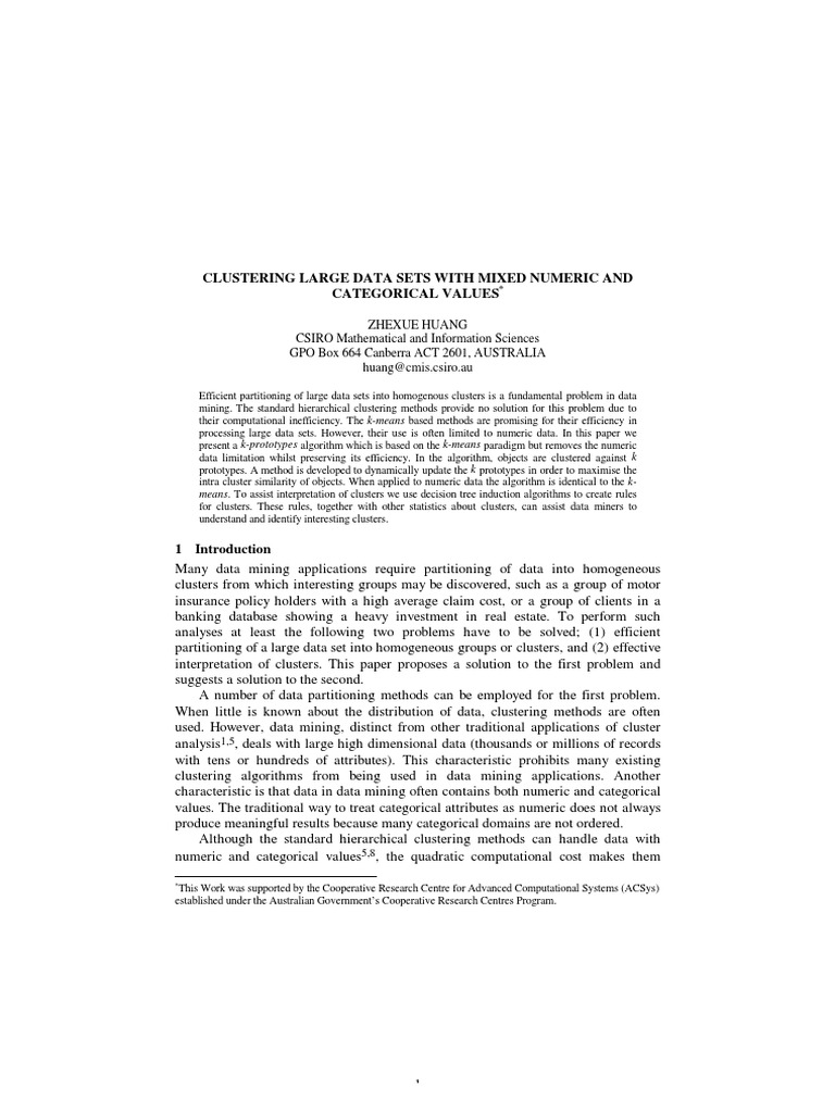 Clustering Large Data Sets With Mixed Numeric and Categorical Values ...