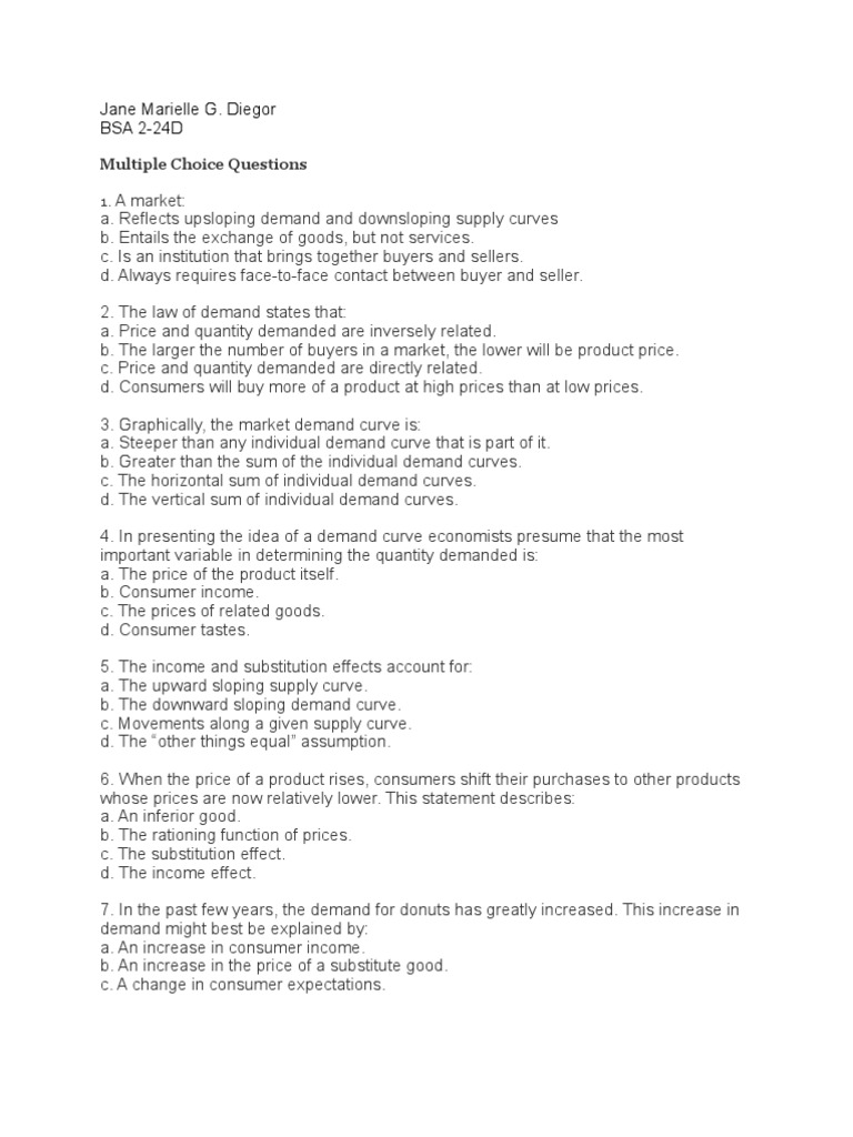 Economics Multiple Choice Questions | PDF | Supply (Economics) | Demand ...