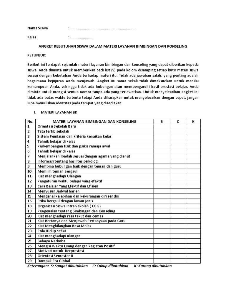 Angket Kebutuhan Siswa | PDF