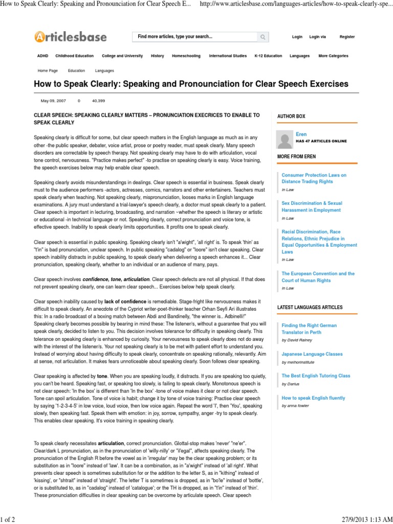 How To Speak Clearly Speaking and Pronounciation For Clear Spee | PDF ...