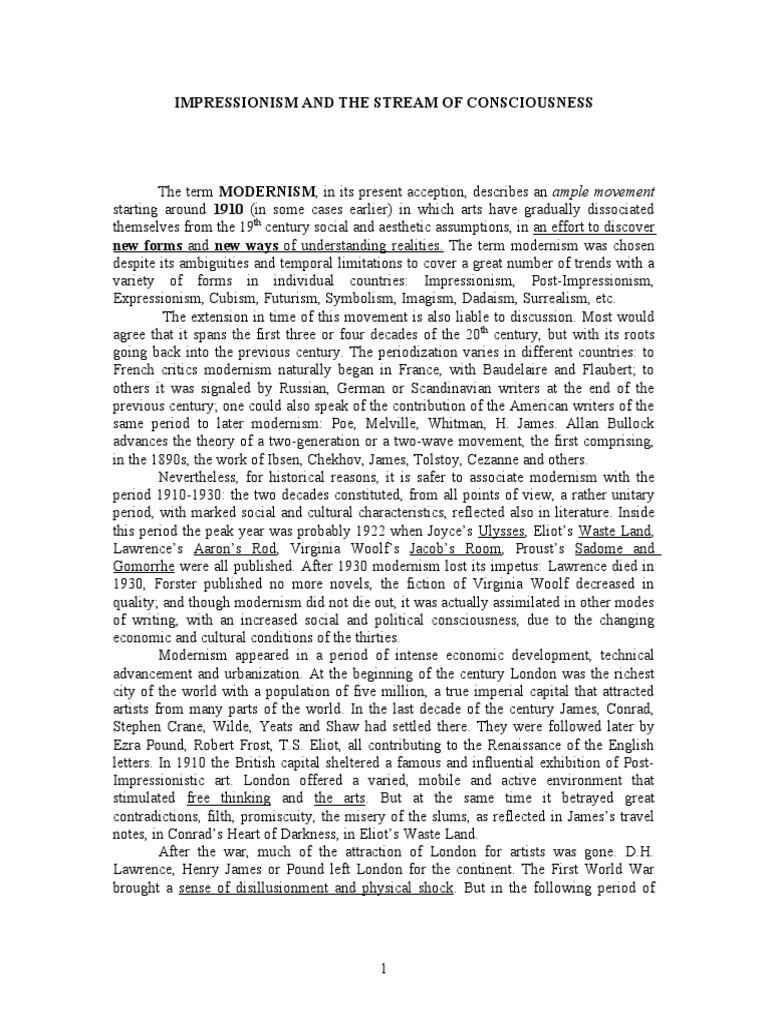 Impressionism and The Stream of Consciousness | PDF | Modernism | T. S ...