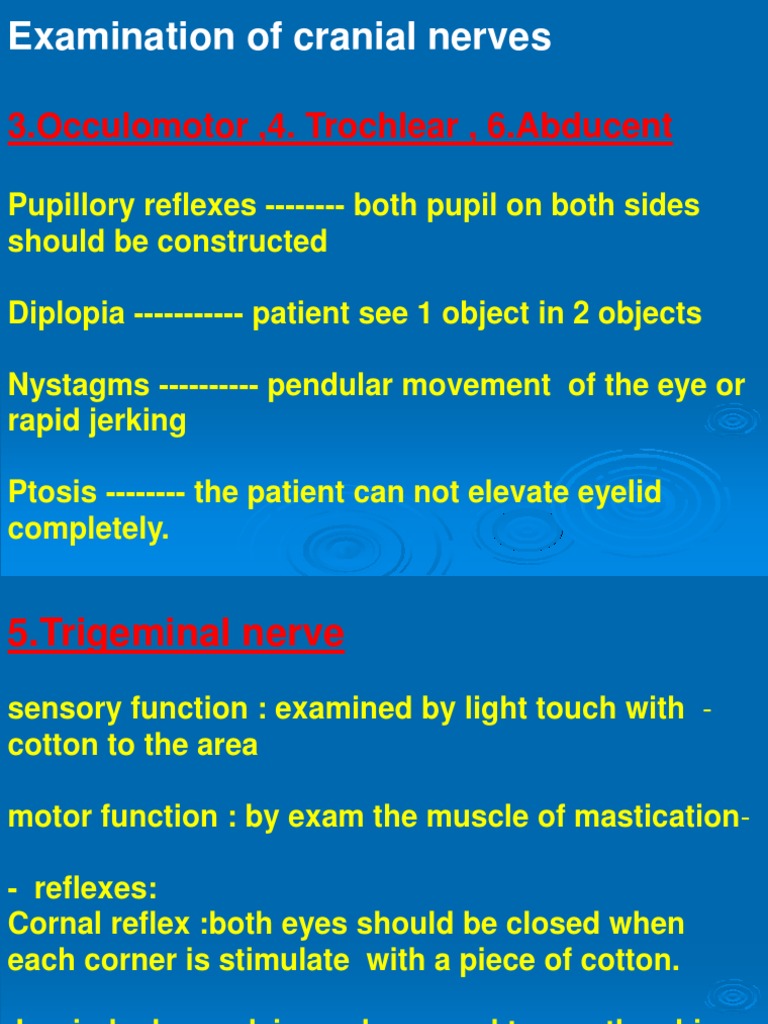Examination of Cranial Nerves: .Abducent 6 - Trochlear, 4 .Occulomotor ...